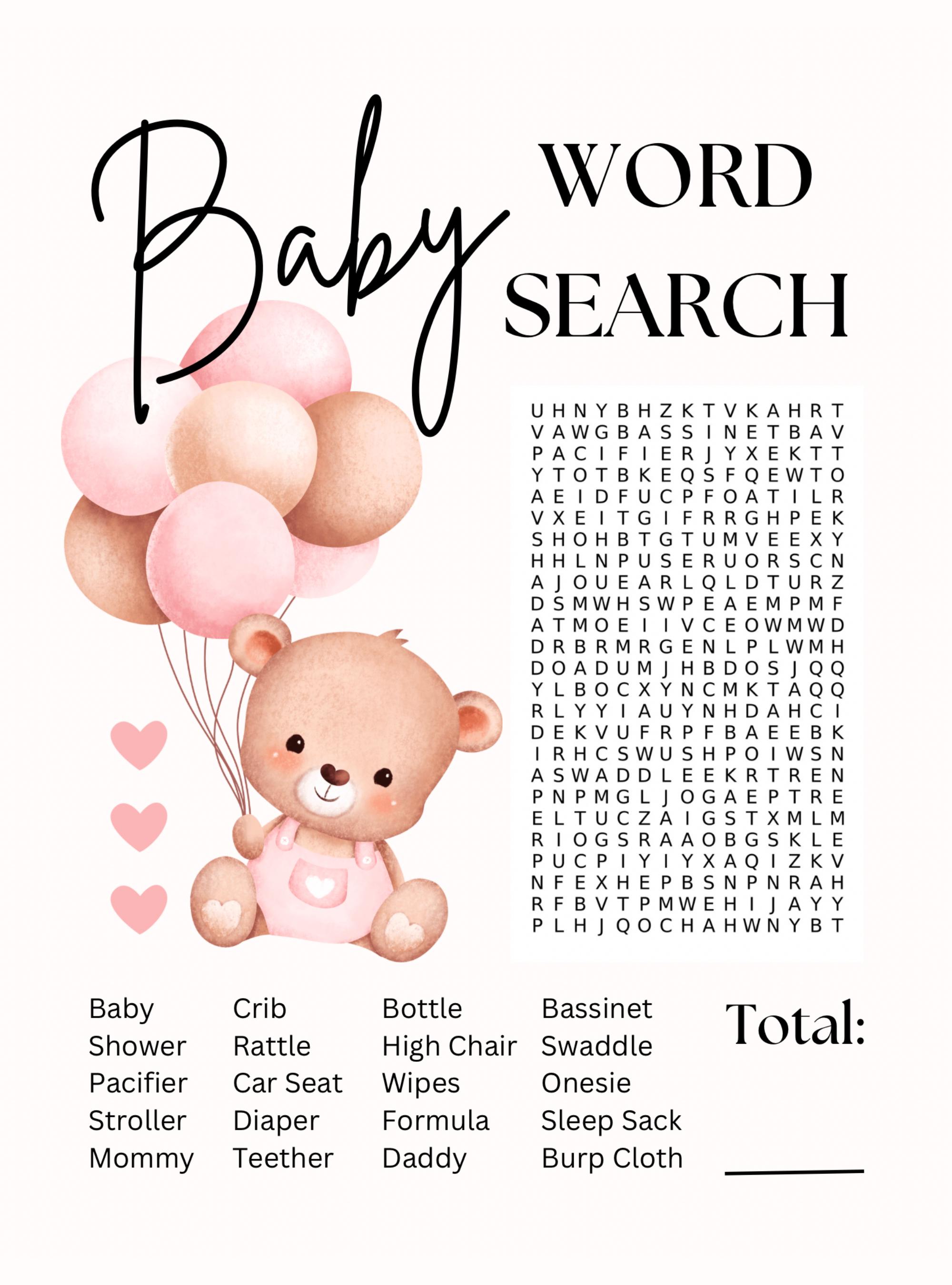 Teddy Bear Baby Shower Word Search – Pink, Printable Game (PDF) - Etsy