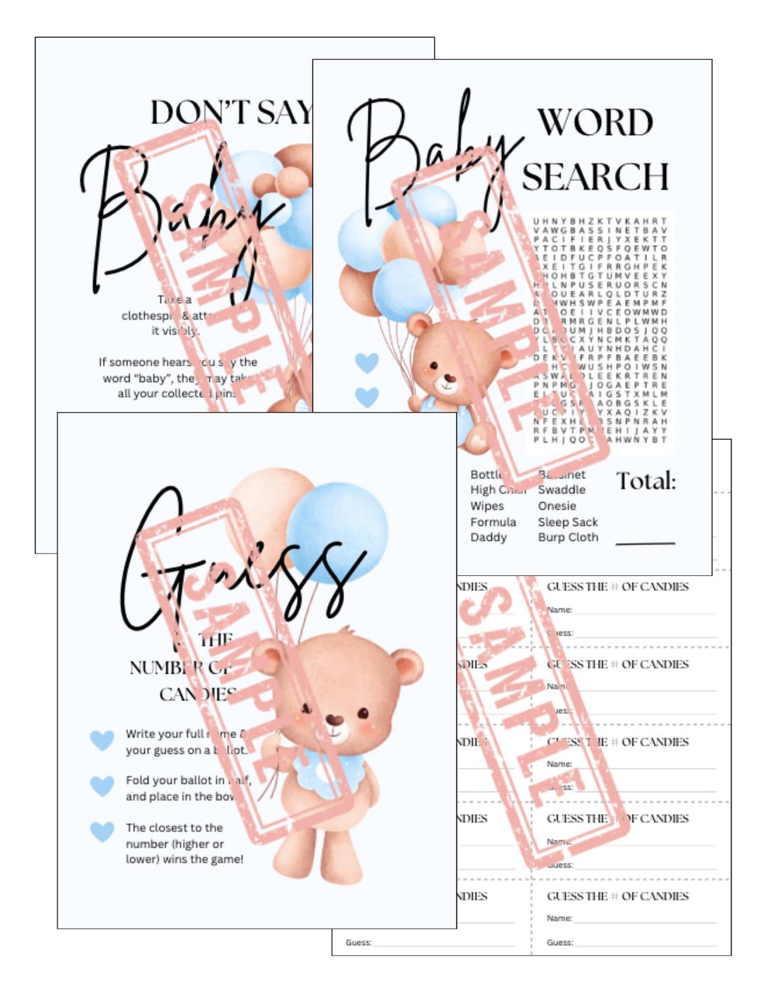 Baby Shower PARTY GAMES BUNDLE - Blue & Brown Teddy Bear Theme ...