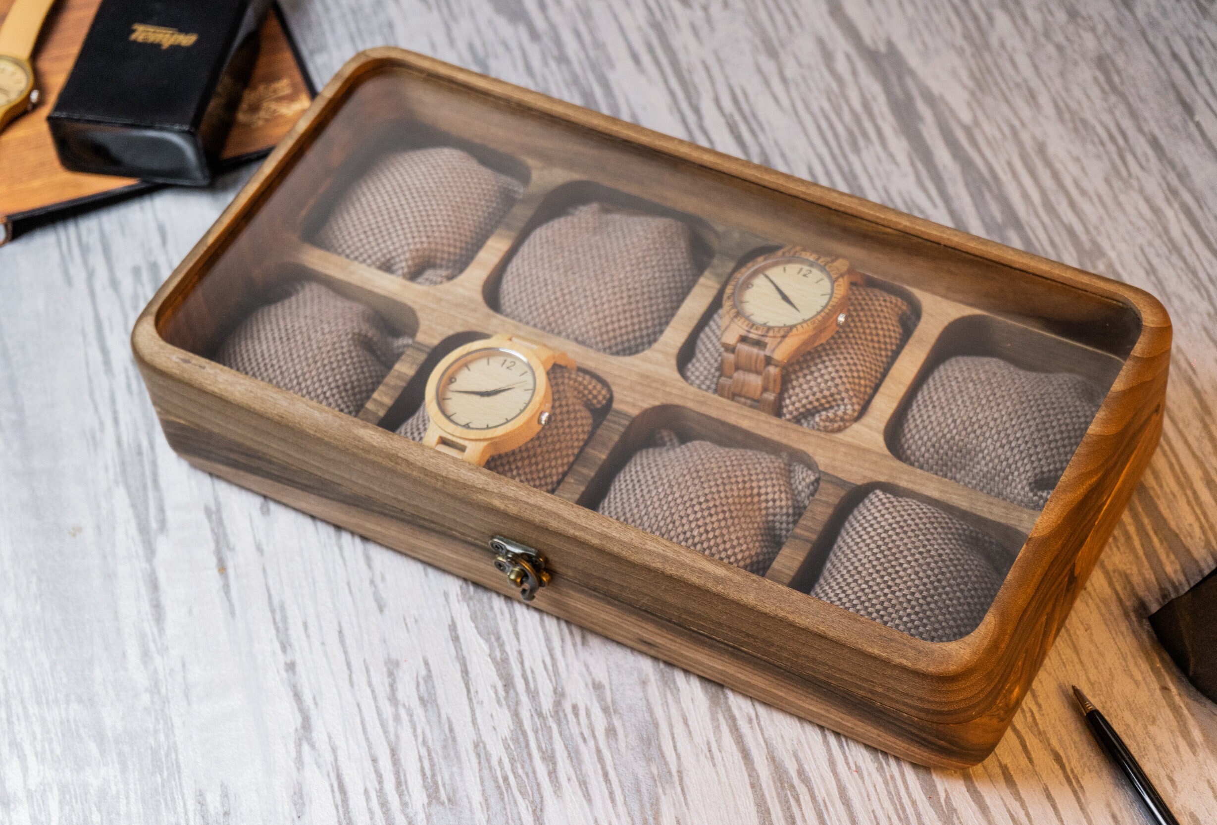 Custom Wooden Watch Box, Walnut Watch Organizer, Personalized Watch ...