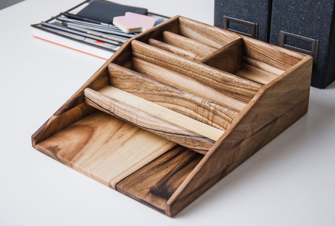 Wooden Desk Organizer With Drawer and Phone Stand, Desktop Storage for ...