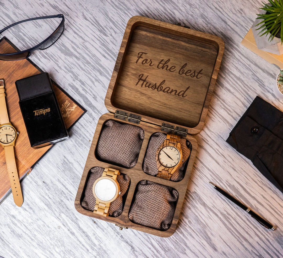 Compact Wooden Watch Box With Glass Lid for 3 Watches,walnut Watch ...