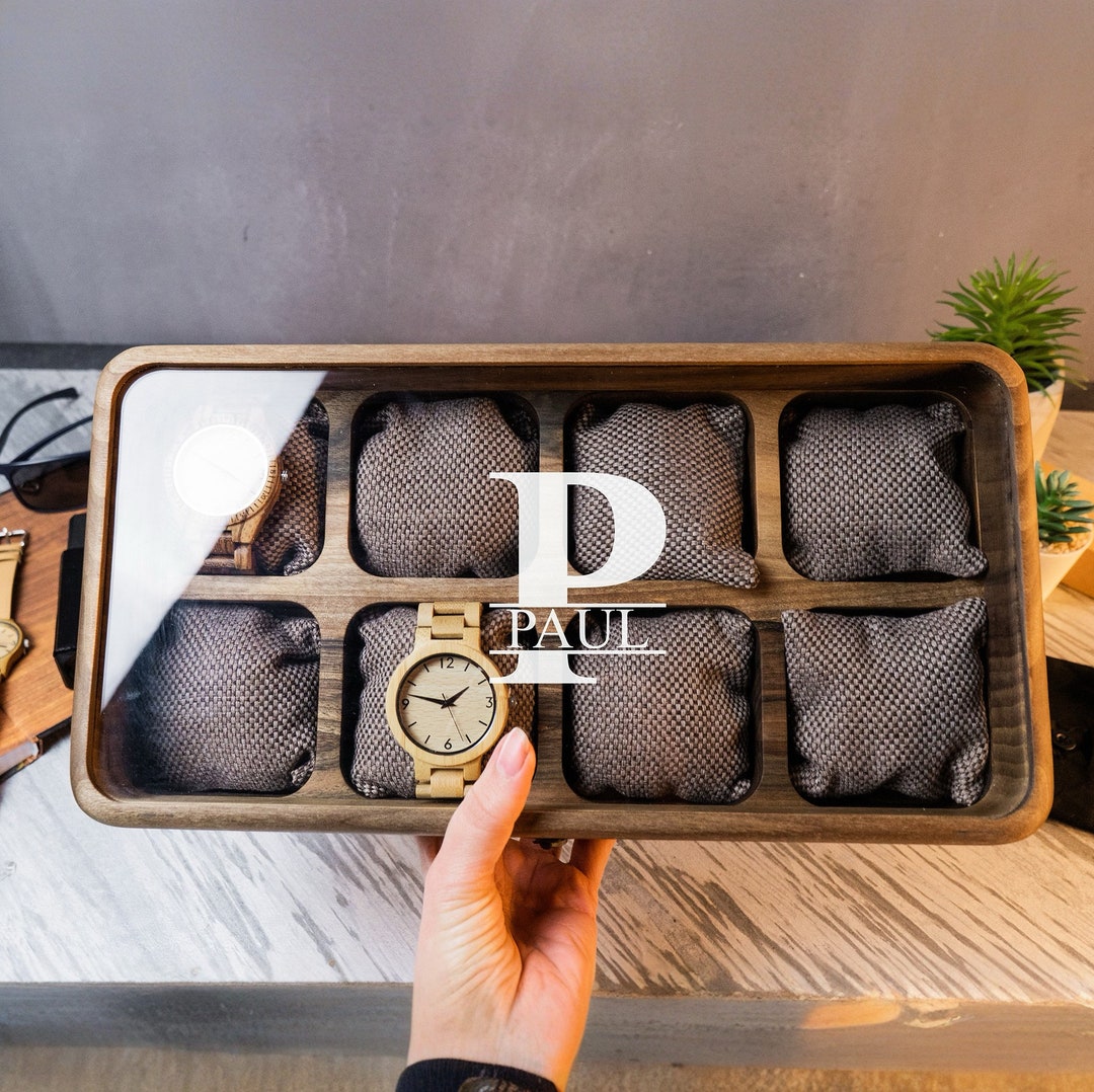 Custom Wooden Watch Box, Walnut Watch Organizer, Personalized Watch ...