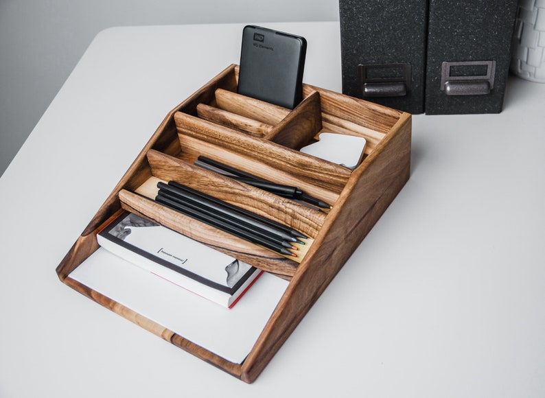 Wooden Desk Organizer With Drawer and Phone Stand, Desktop Storage for ...