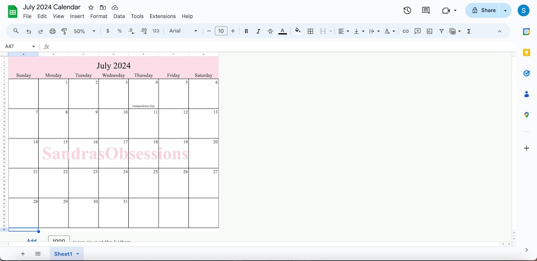 July 2024 Spreadsheet/pdf/printable Calendar - Etsy