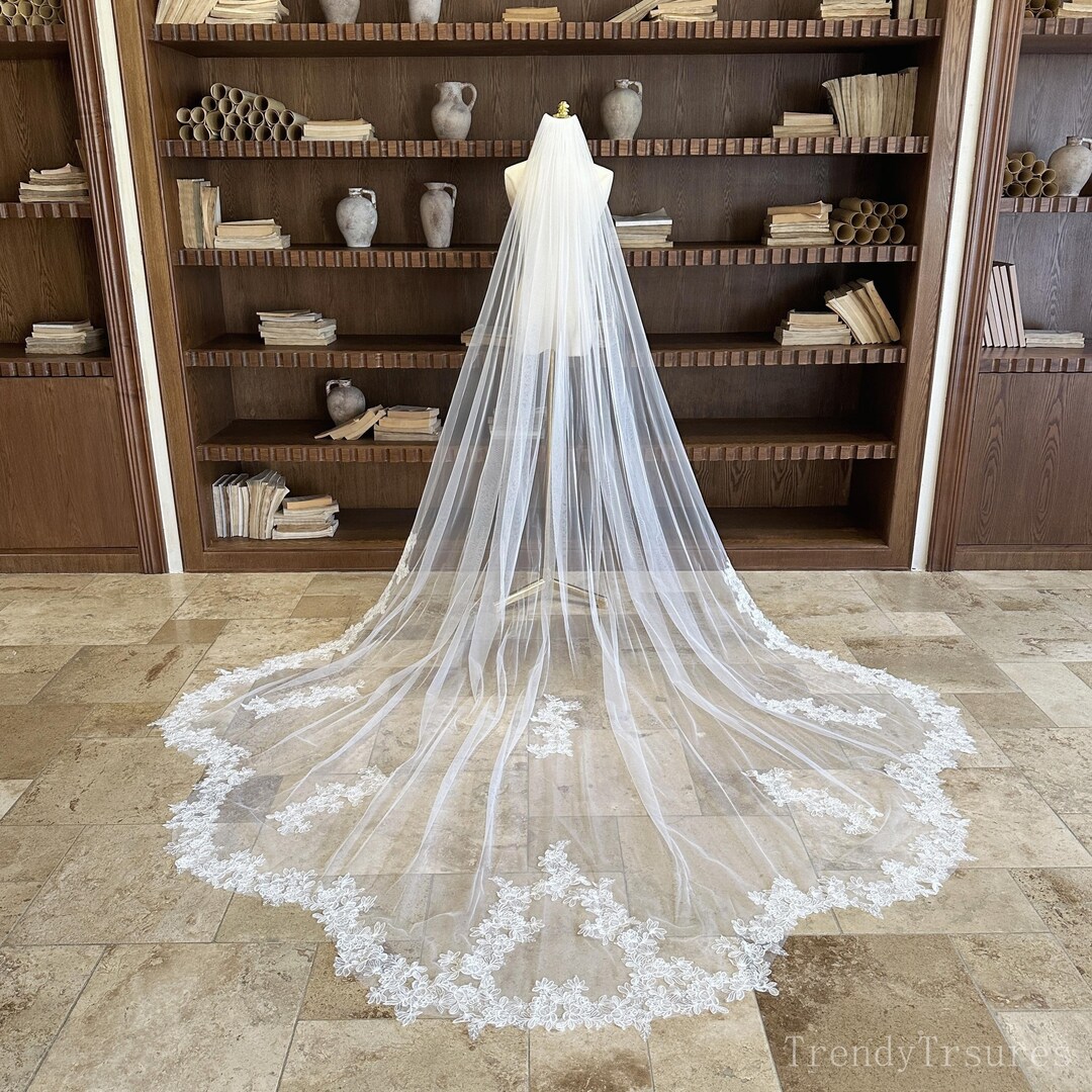 Cathedral Wedding Veil With Arch Floral Lace, Long Soft Tulle Bridal ...