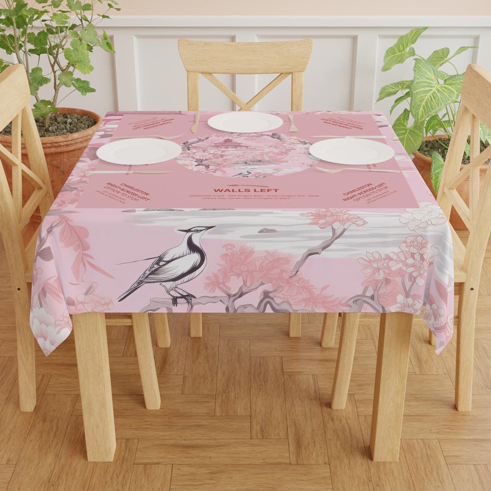 Mahjong Tablecloth, Chinoiserie Pink Temple, Pagoda, Grandmillennial ...