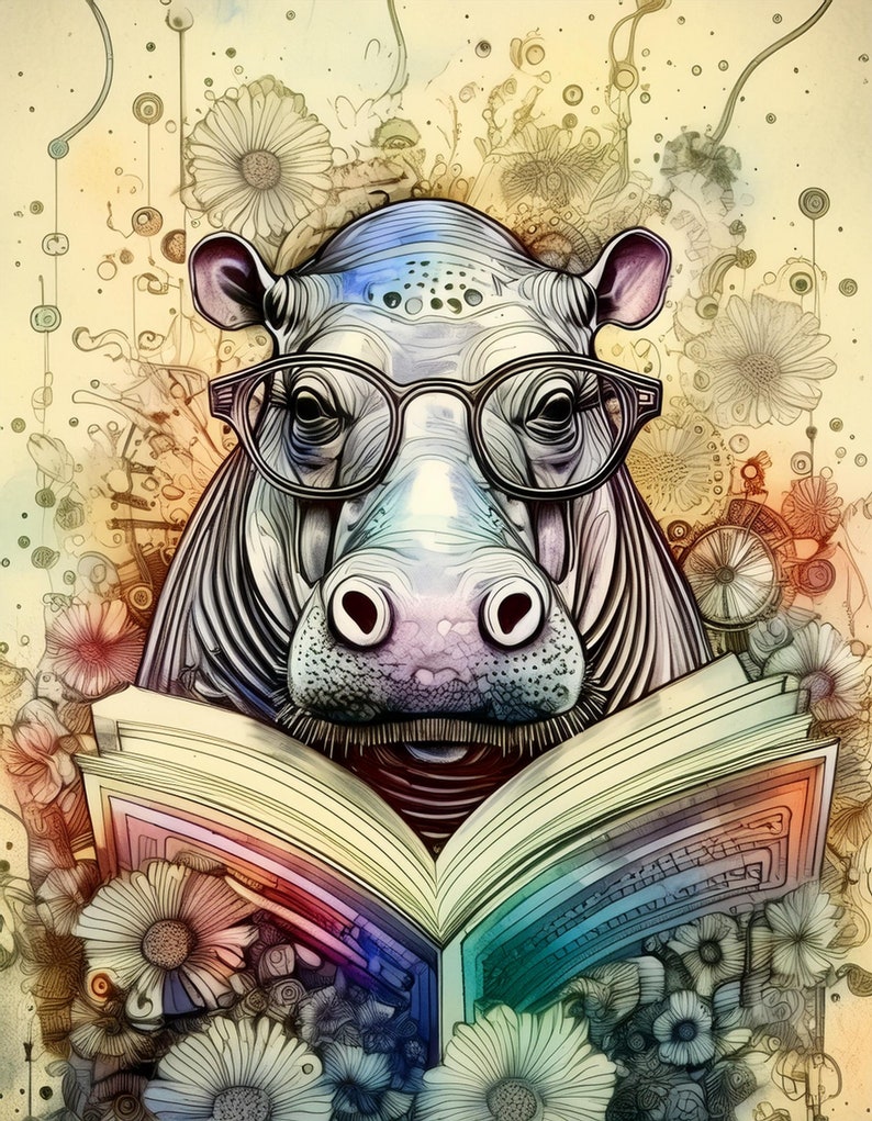 Printable Digital Art Hippo Reading - Etsy