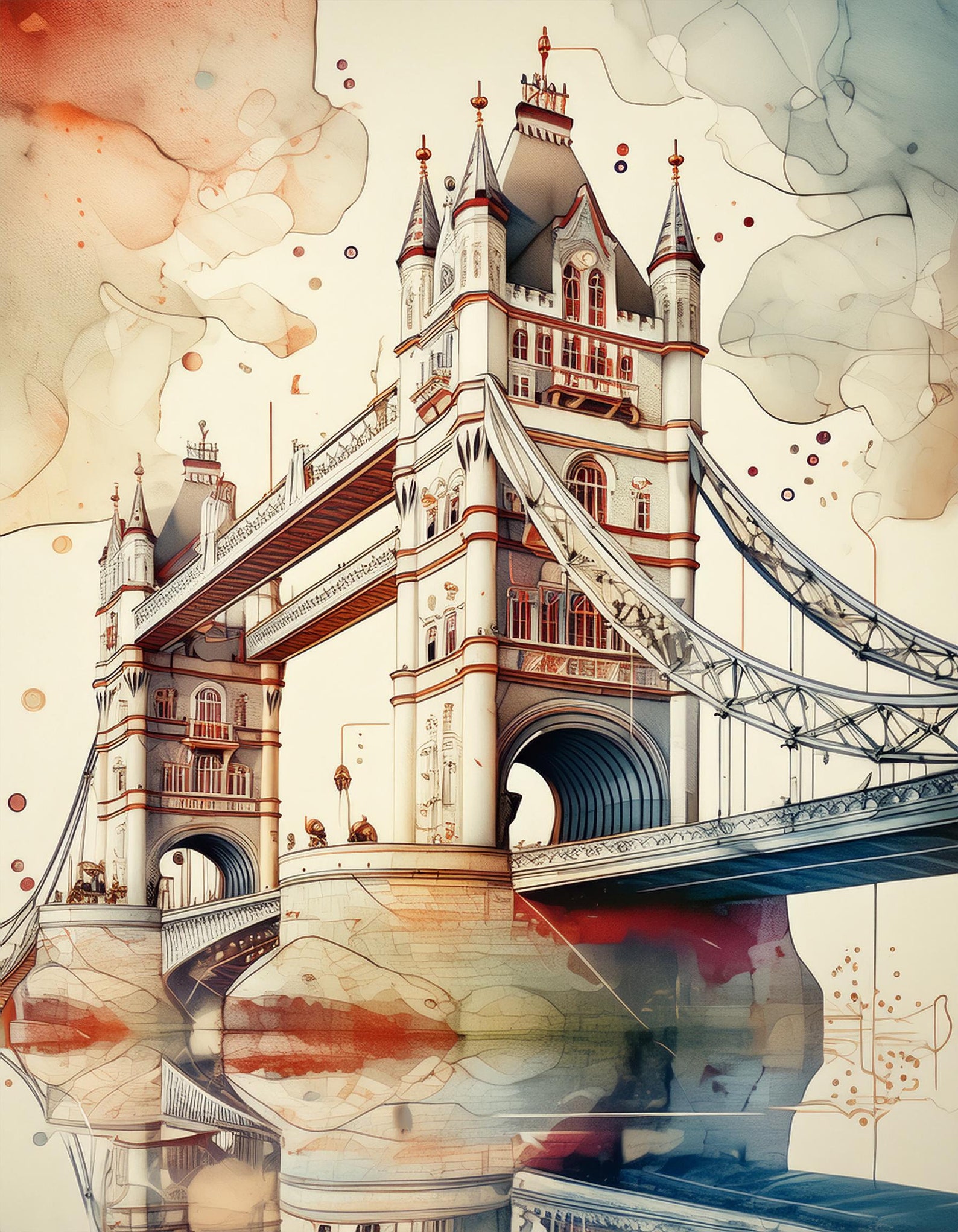 Printable Digital Art Famous Landmarks, Tower Bridge, London, Water ...