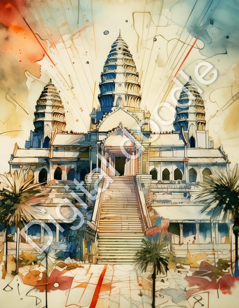 Printable Digital Art Famous Landmarks, Angkor Wat, Cambodia, Water ...