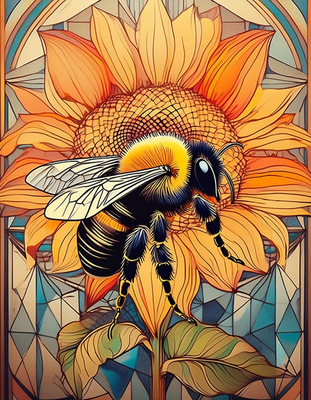 Printable Digital Art Bumble Bee and Sunflower Colourful Boho/nouveau ...