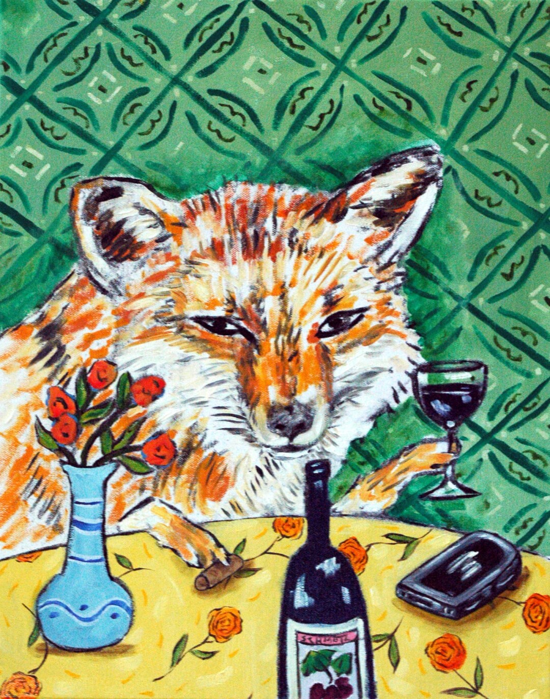 Fox at the Winebar Art Print - Stretched Canvas or Paper Print ...