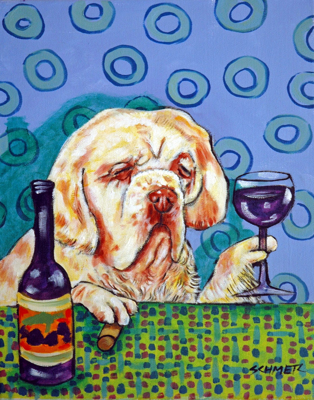 Clumber Spaniel at the Wine Bar Dog Art Print on Ready to Hang Gallery ...
