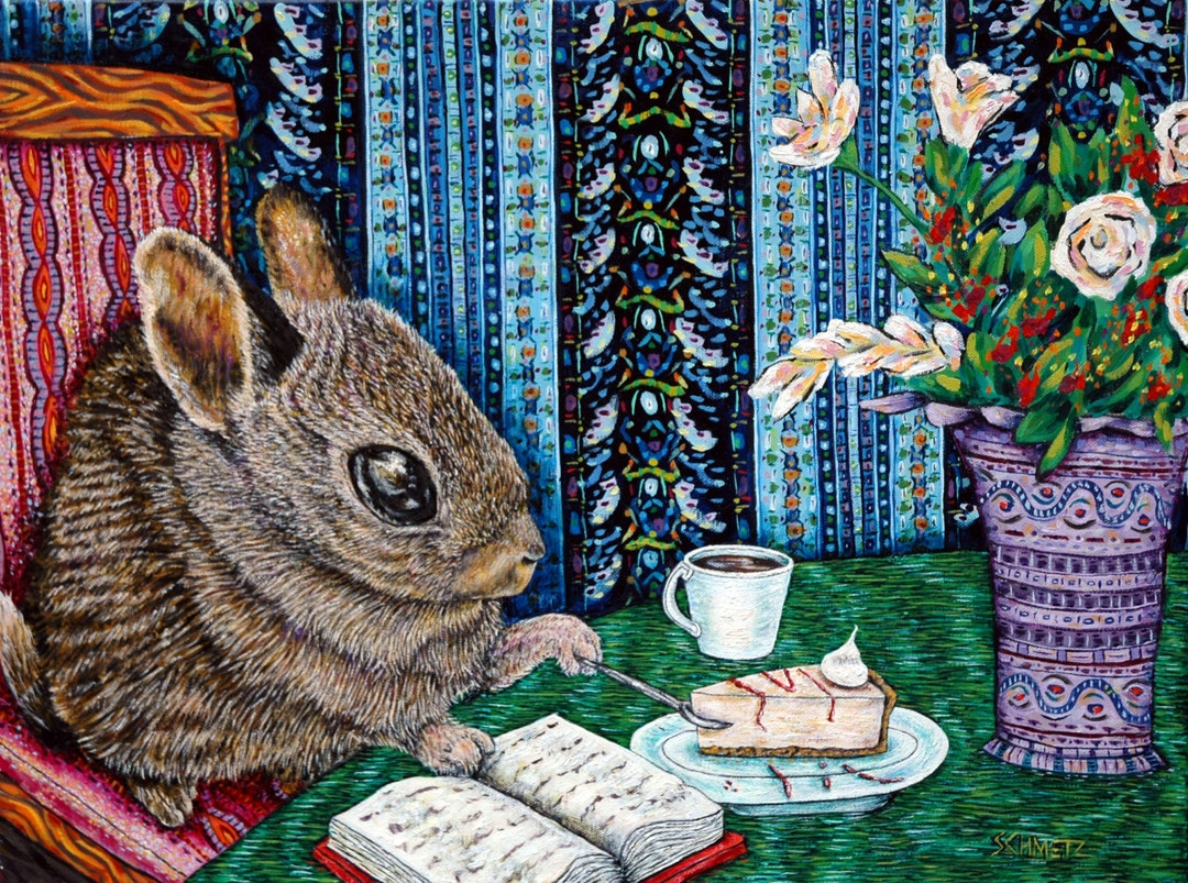 Bunny Rabbit at the Cafe Reading Animal Art Print on Matte or Glossy ...