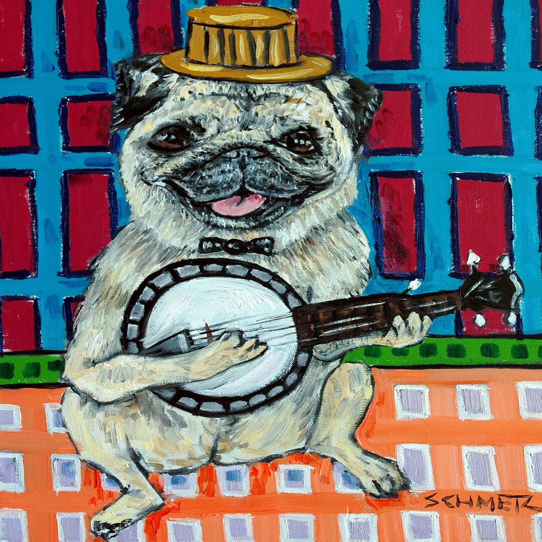 Pug Playing the Banjo Dog Art Tile Coaster Music Studio Decor Animal ...
