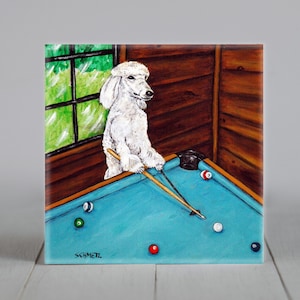 Poodle Playing Billiards Pool - Dog Art - Tile Coaster - Animal Lover ...