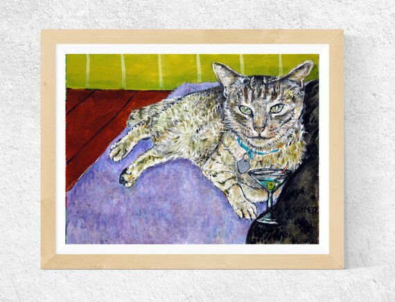 Cat at the Martini Bar Animal Art Print Stretched Canvas or - Etsy