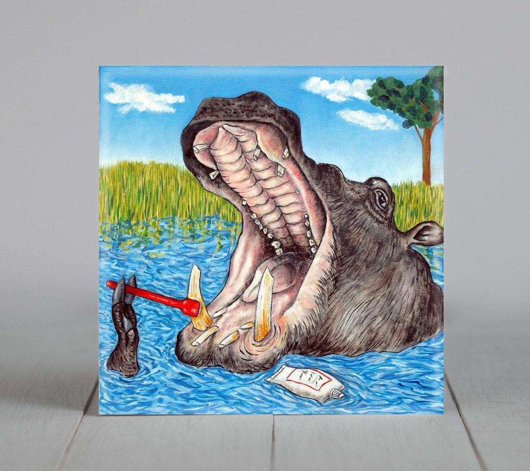 Hippo Brushing Teeth Animal Art Tile Coaster Gift - Multiple Sizes ...