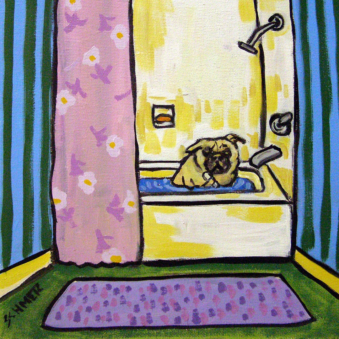 Fawn Pug Taking a Bath Dog Art Tile Coaster - Multple Sizes - Etsy