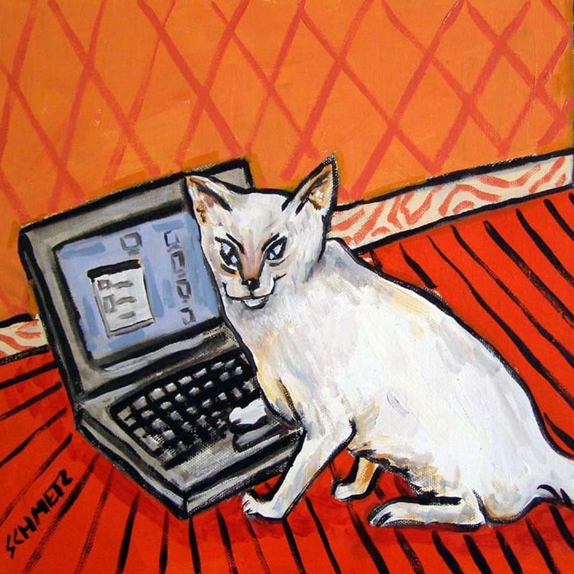 Cat Tile Cat Art Cat Working on a Computer Art Tile - Etsy