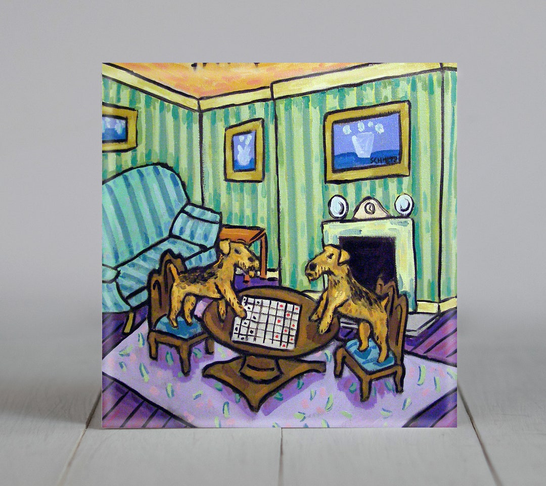 Airedale Terrier Playing Checkers Dog Art Tile Coaster - Multiple Sizes ...