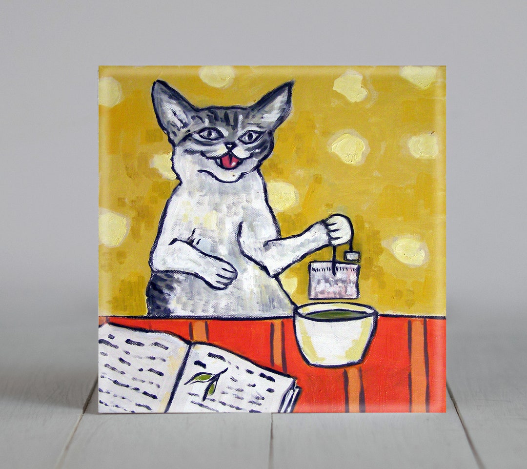 Cat Art Coaster Tile - Tea Room Home Decor - Animal Pet Art Gift ...