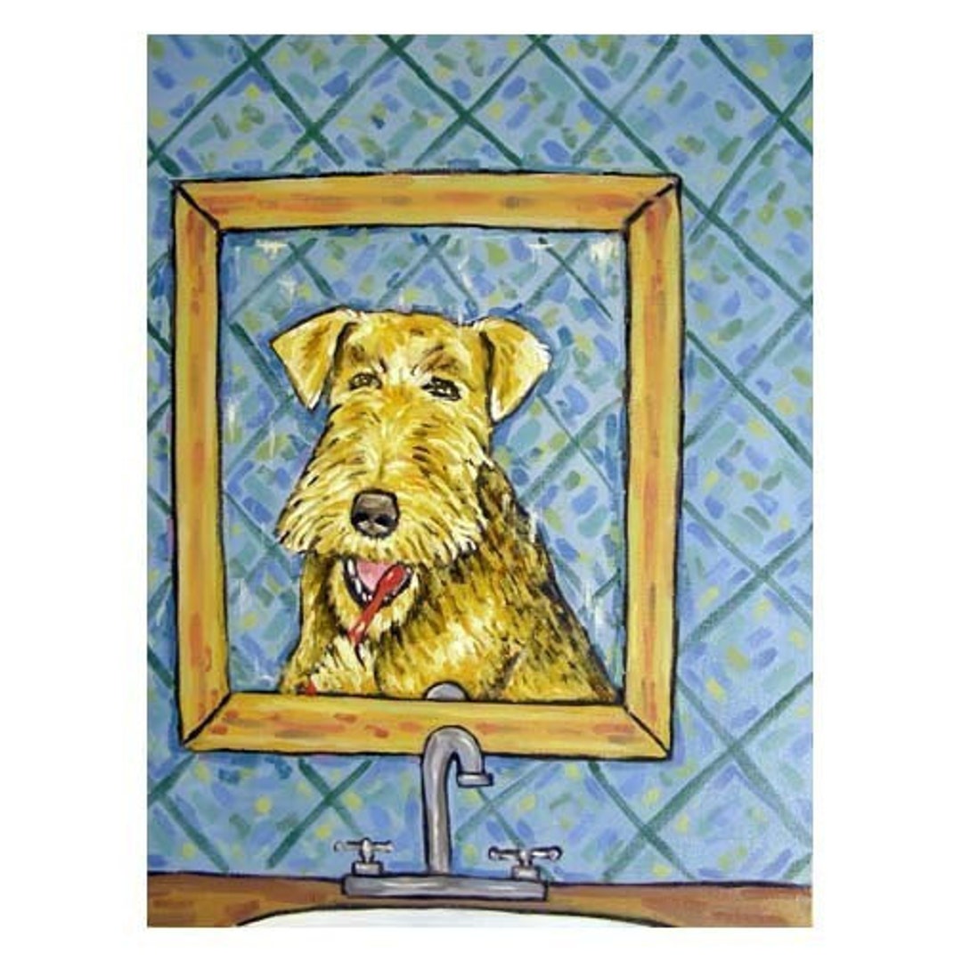 Airedale Terrier Brushing Teeth Dog Art Print Stretched Canvas or Paper ...