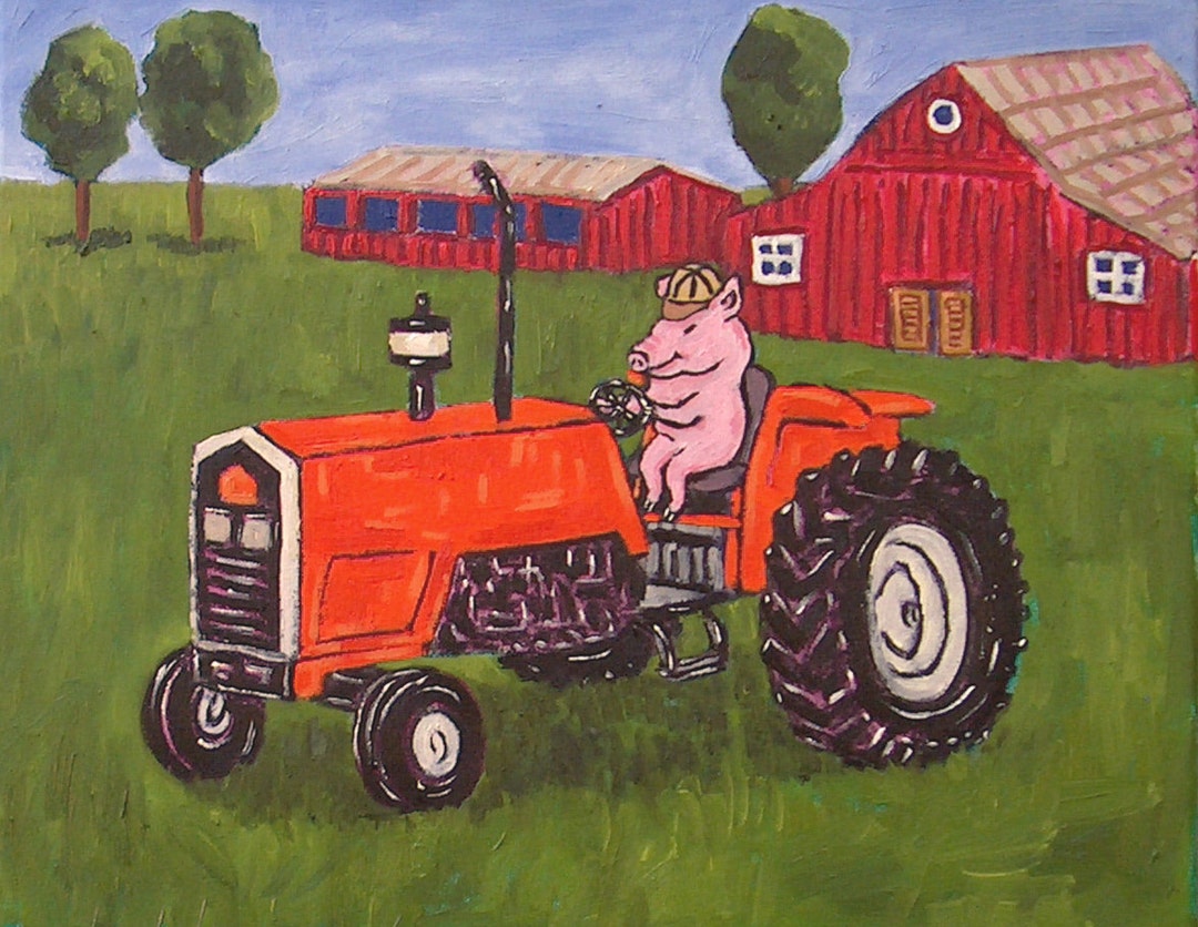Art Print Pig, Pink Pig, Tractor, Tractor Print, Pig Print, Pig Art ...