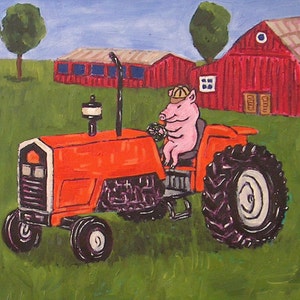 Art Print Pig, Pink Pig, Tractor, Tractor Print, Pig Print, Pig Art ...