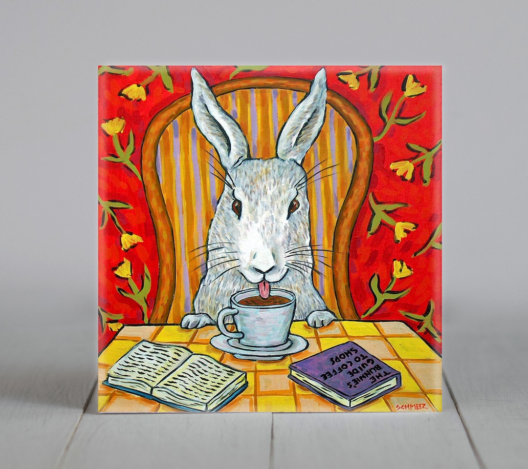 Bunny at the Coffee Shop - Rabbit Art - Tile Coaster - Animal Home ...