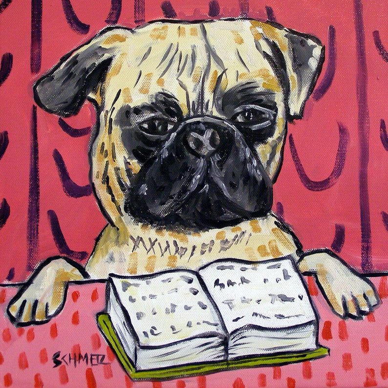 Pug Art, Pug Coaster, Pug Ceramic, Pug Print Pug Reading, Dog Art - Etsy