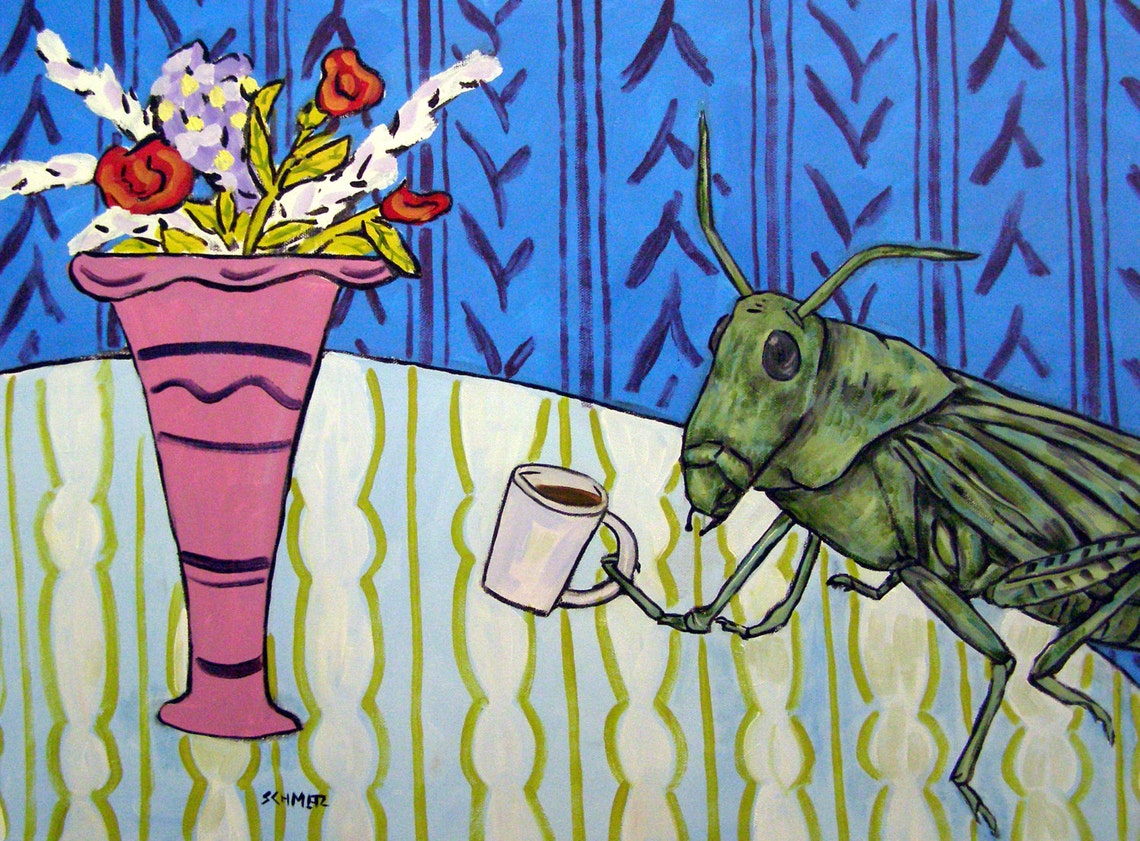 Grasshopper at the Cafe Coffee Shop Insect Art Print Modern - Etsy