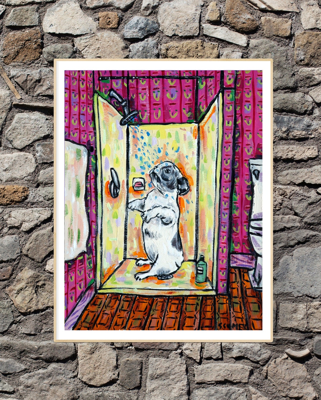 French Bulldog in the Shower Dog Art Print - Streched Canvas or Paper ...
