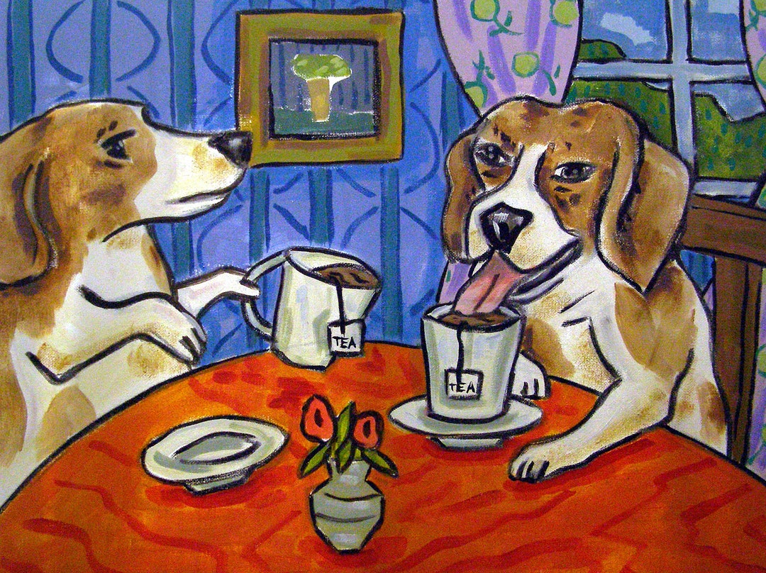 Beagles Having Tea Dog Art Print - Strehced Canvas or Paper Print ...
