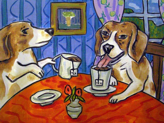 Beagles Having Tea Dog Art Print Strehced Canvas or Paper - Etsy