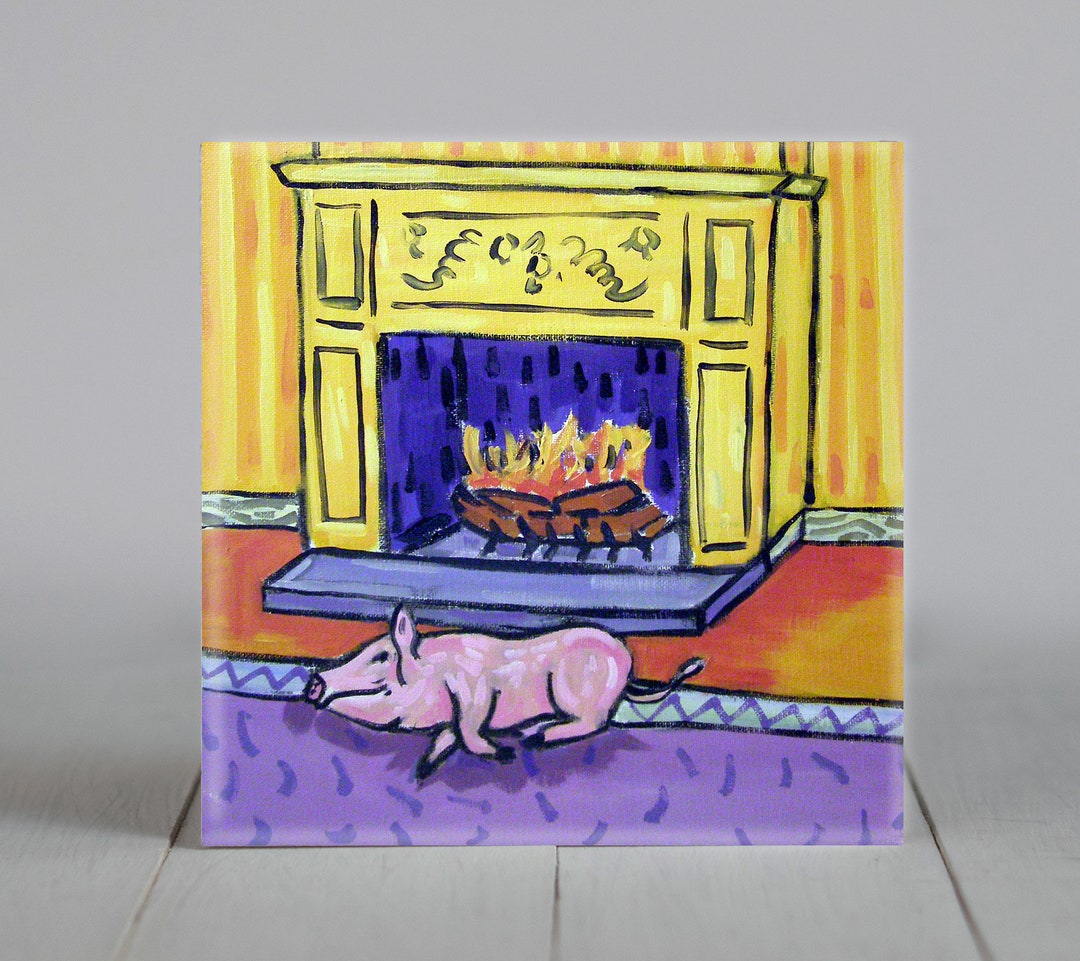 Pig by the Fireplace Animal Art Coaster Tile Gift - Etsy