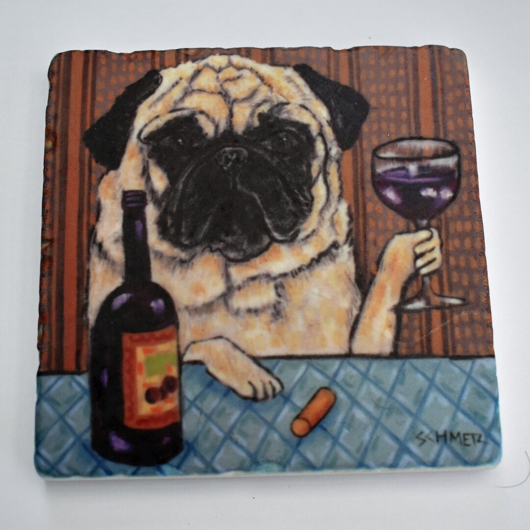 Tumbled Stone Tile With Pug Wine Art Coaster Gift 4 X 4 Inches - Etsy