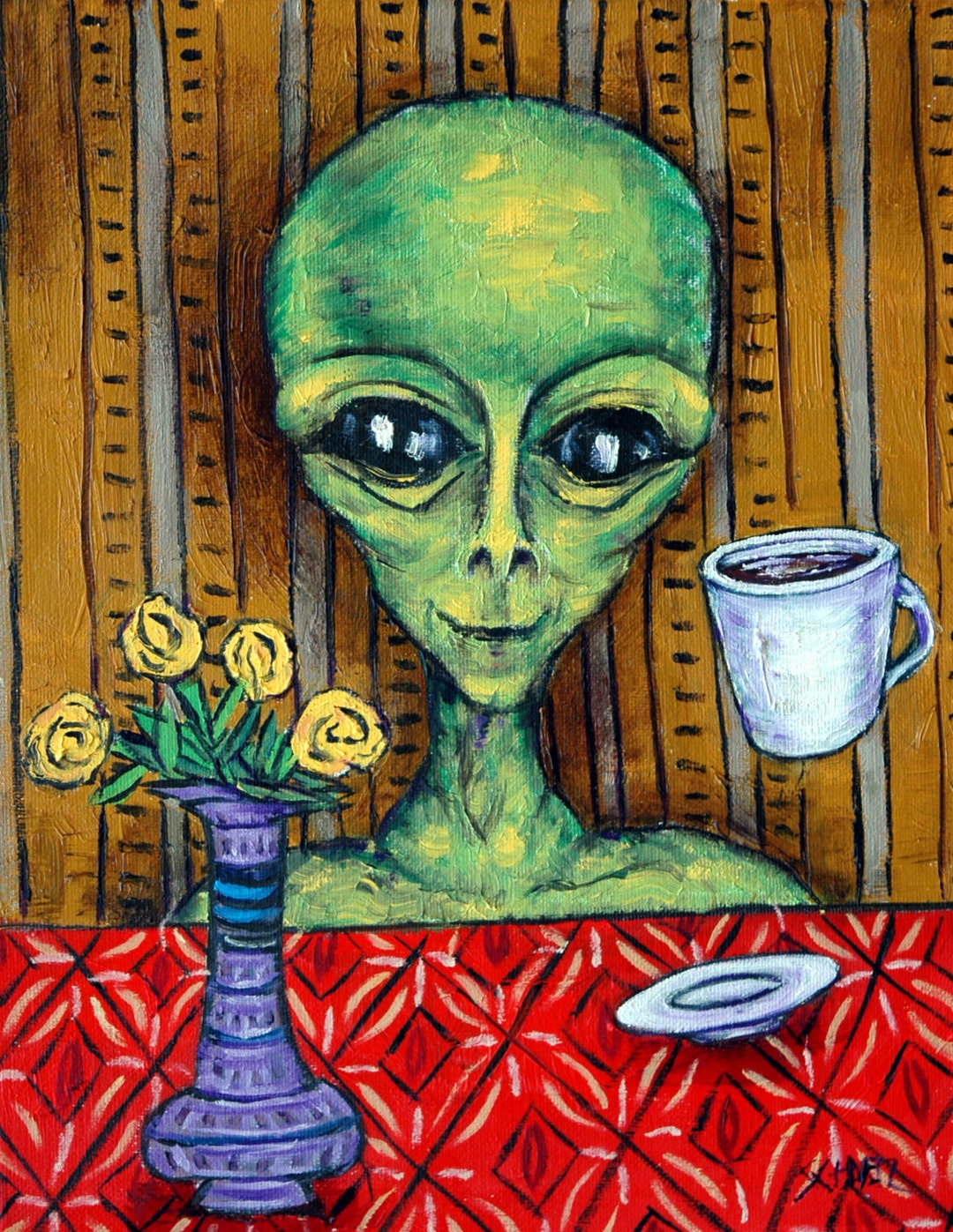 Alien at the Cafe With Coffee Art PRINT Poster Gift Modern Folk Pop Art ...