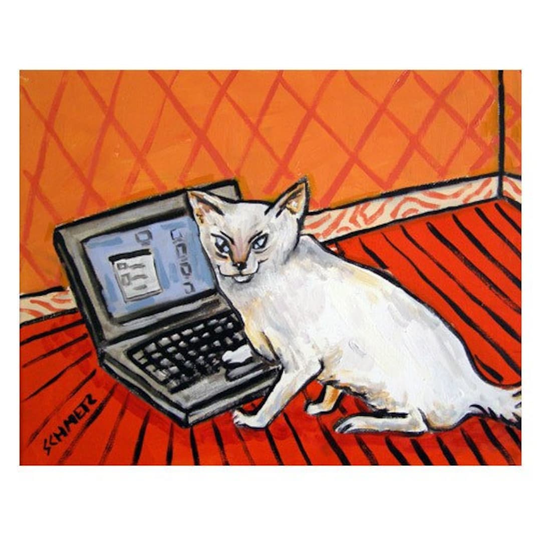 White Cat Working on a Computer Art Print - Stretched Canvas or Paper ...