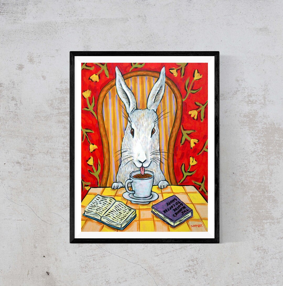 Bunny at the Coffee Shop Art Print on Stretched Canvas - Etsy
