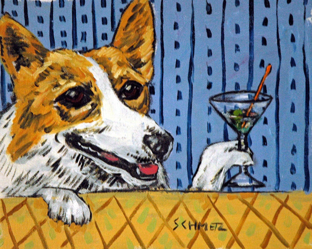 Corgi at Martini Bar Dog Art on Ready to Hang Canvas Print- Home Office ...