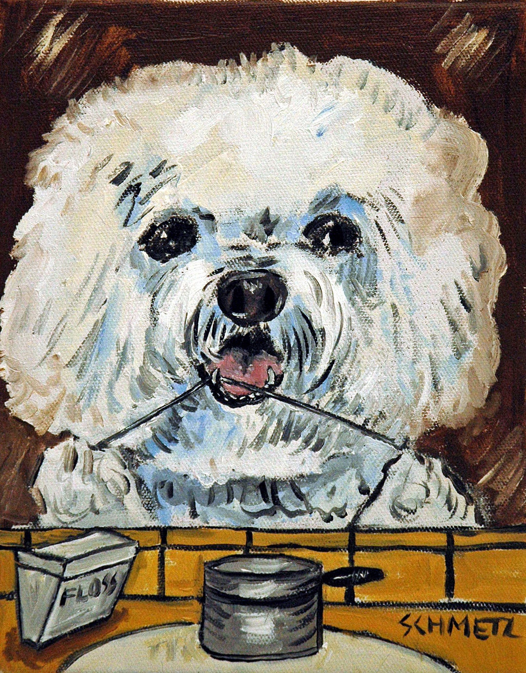 Bichon Frise Flossing Signeg Dog Art Bathroom Print, Office Decor - Etsy