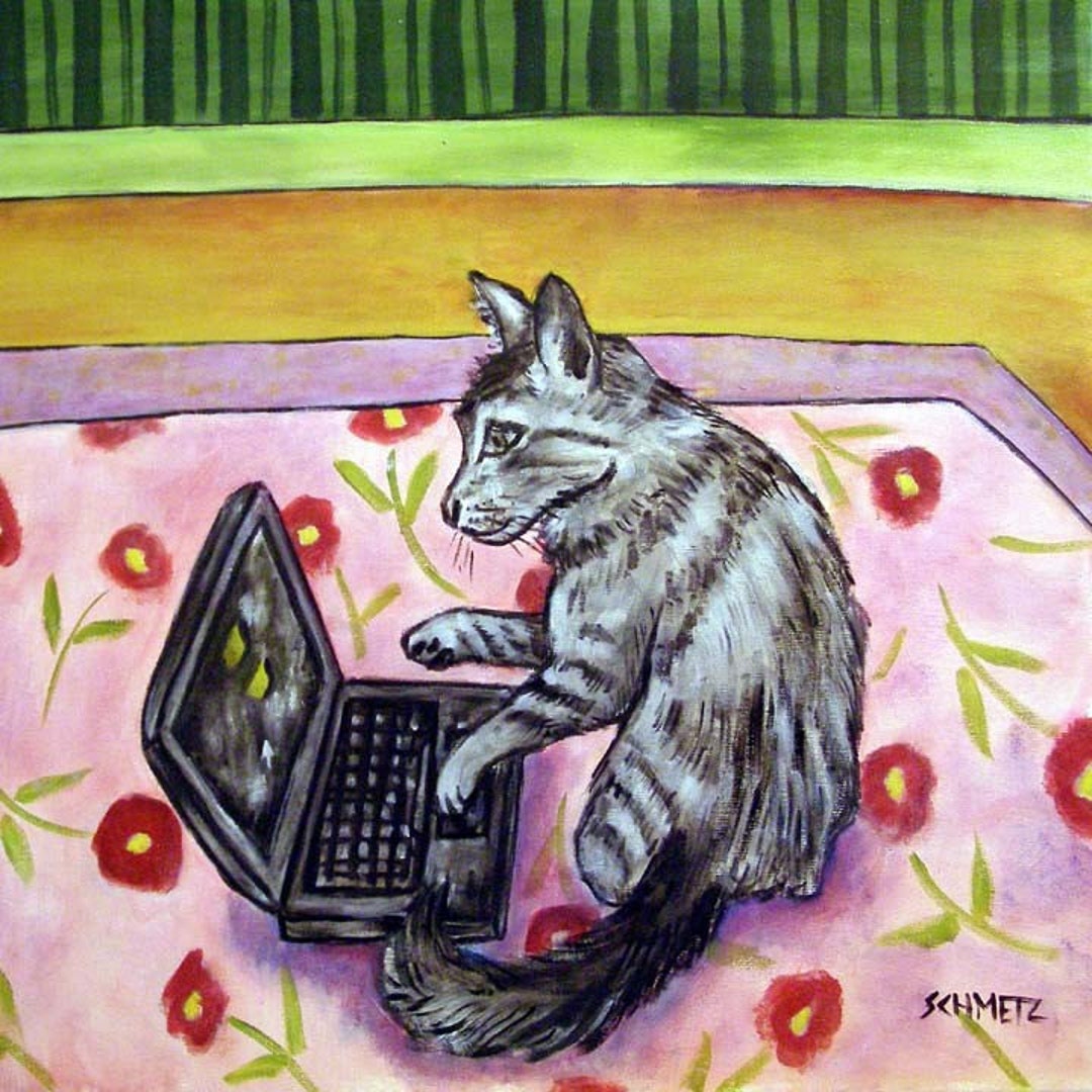 Grey Cat Working on a Laptop Art Animal Decor Coaster Tile - Multiple ...