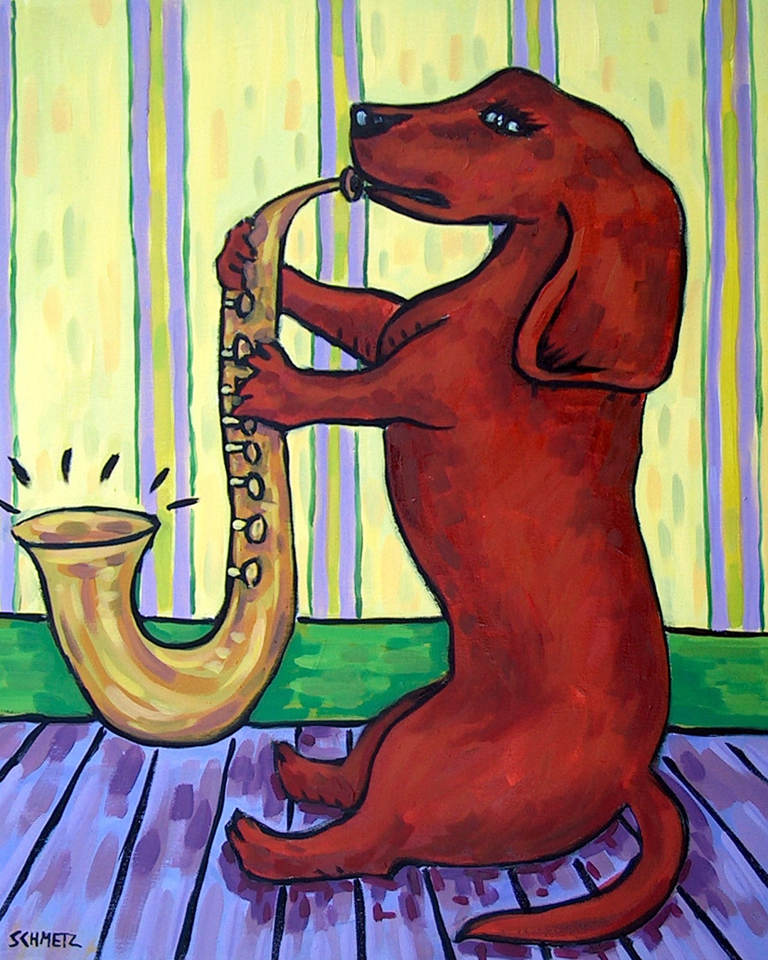 Dachshund Art - Dachshund Playing a Saxophone Dog Art Print - Dachshund ...