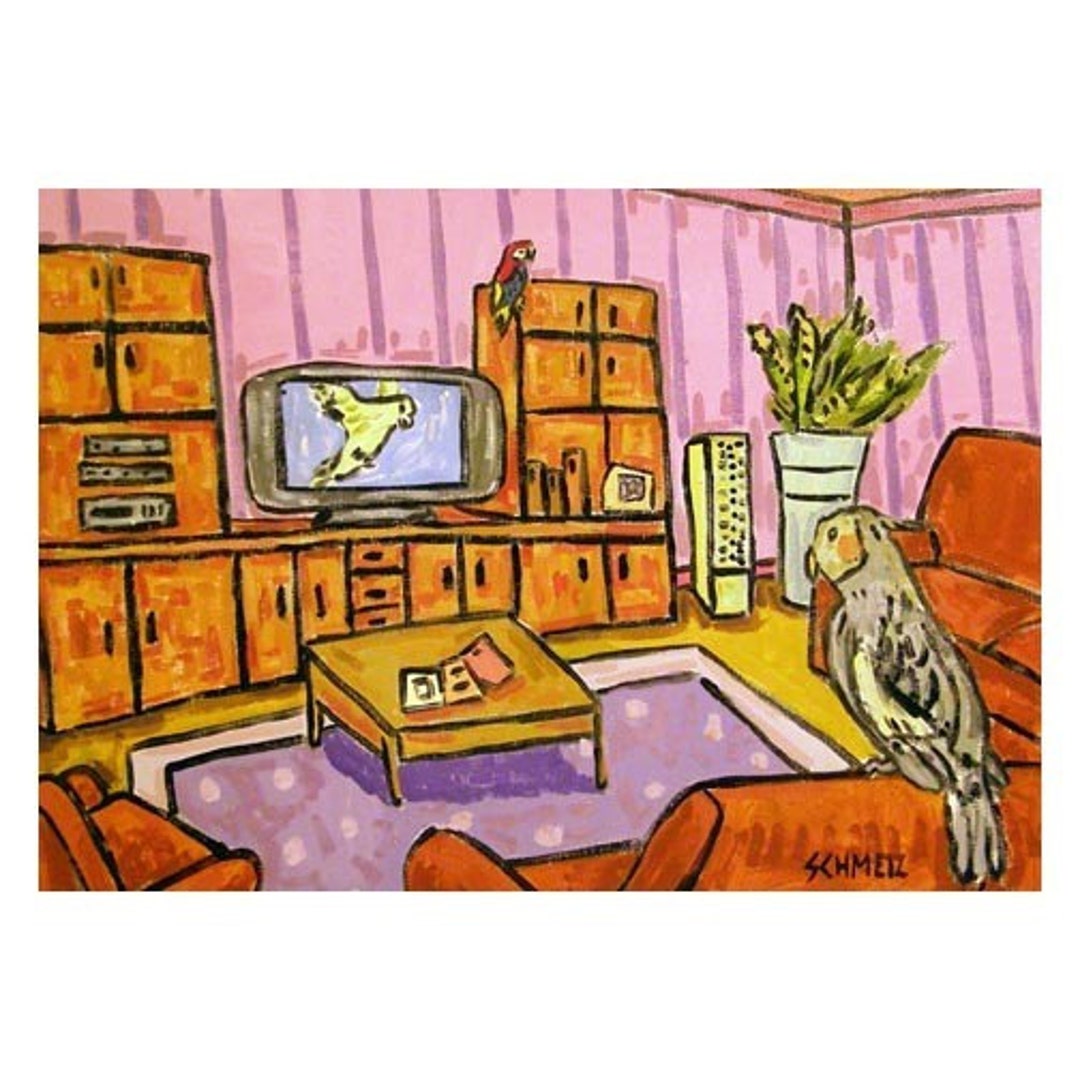 Parakeet Watching Television Bird Art Print - Canvas or Paper Print ...
