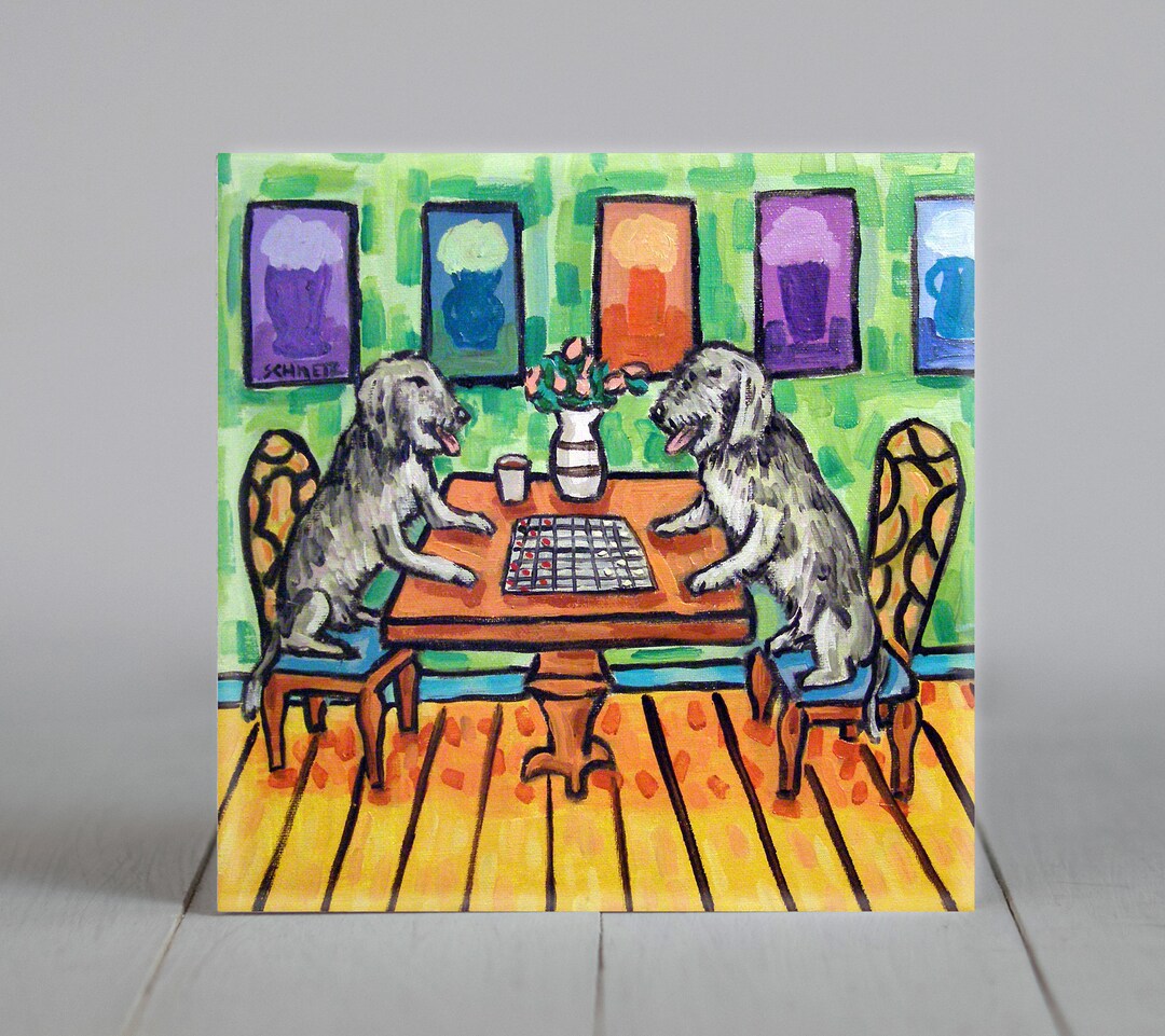 Irish Wolfhound Playing Checkers Dog Art Ceramic Coaster Tile Animal ...