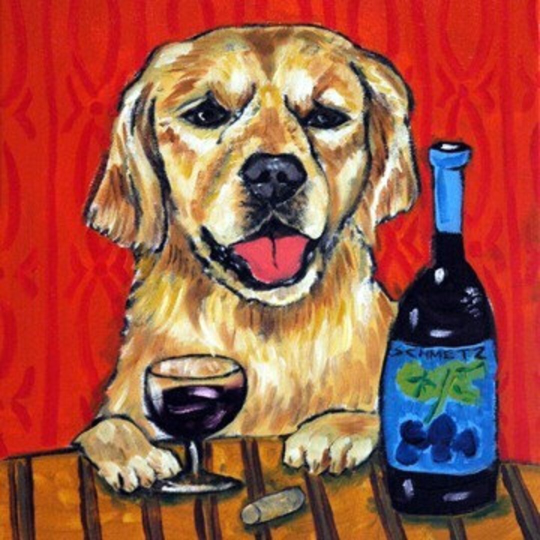 Golden Retriever, Wine, Wine Art , Wine Print on Tile, Ceramic Coaster ...