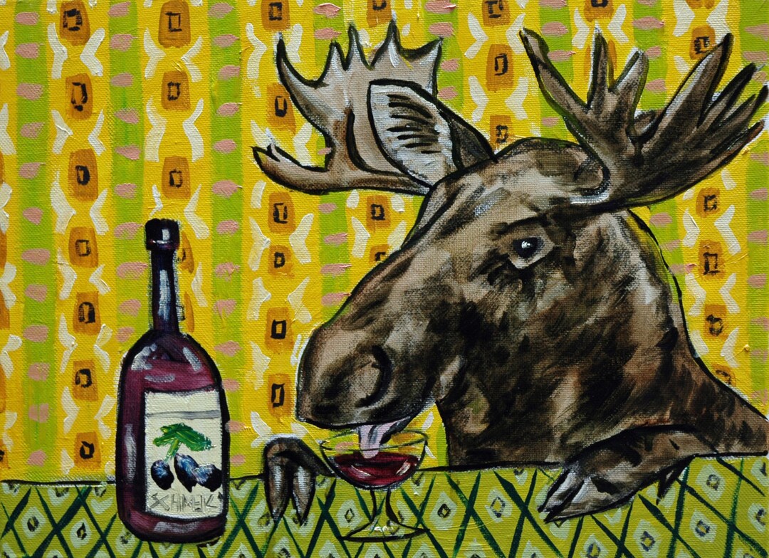 Moose at the Wine Bar Animal Art Print on Ready to Hang Stretched ...