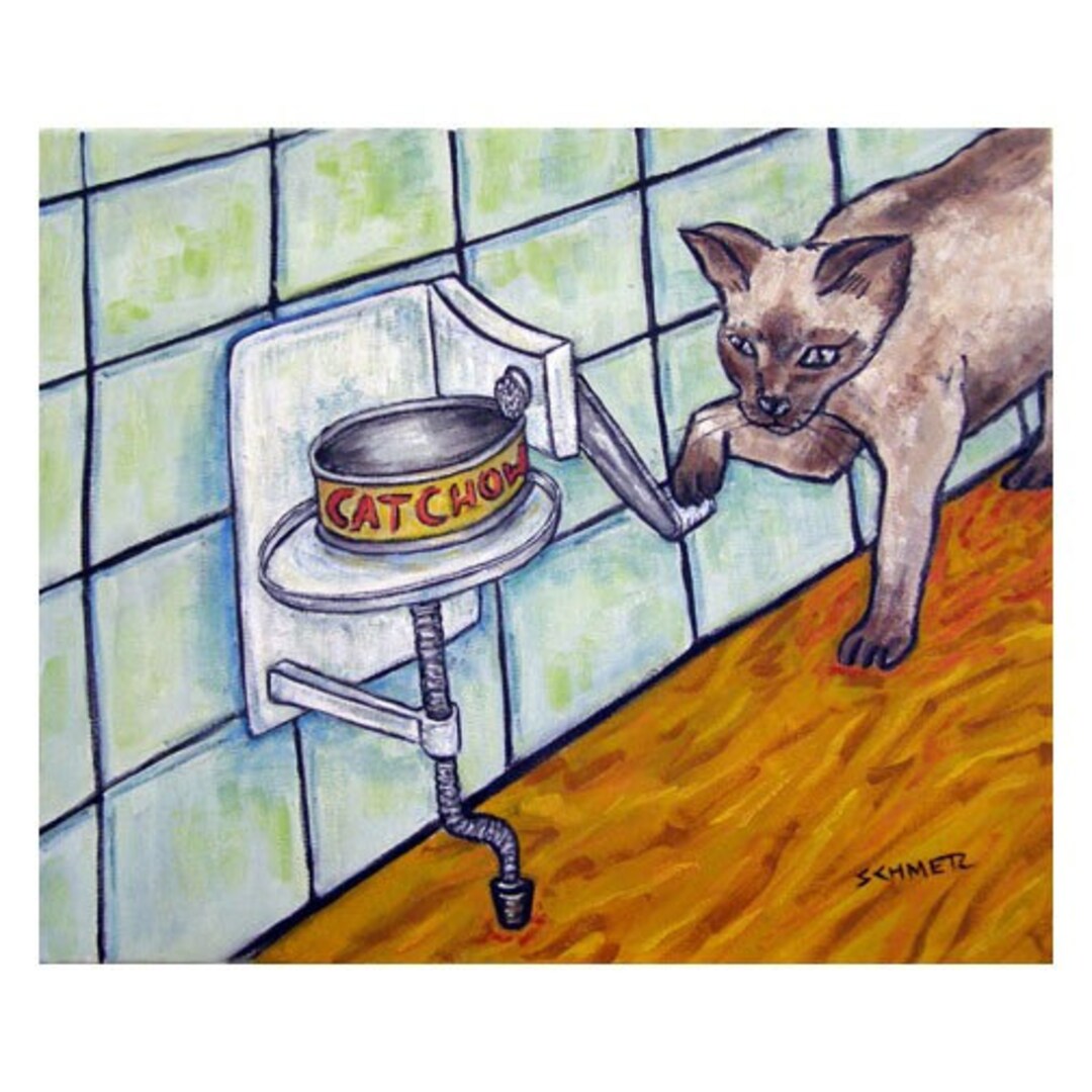 Cat Art - Siamese Cat Opening a Can With a Can Opener Art Print, Cat ...
