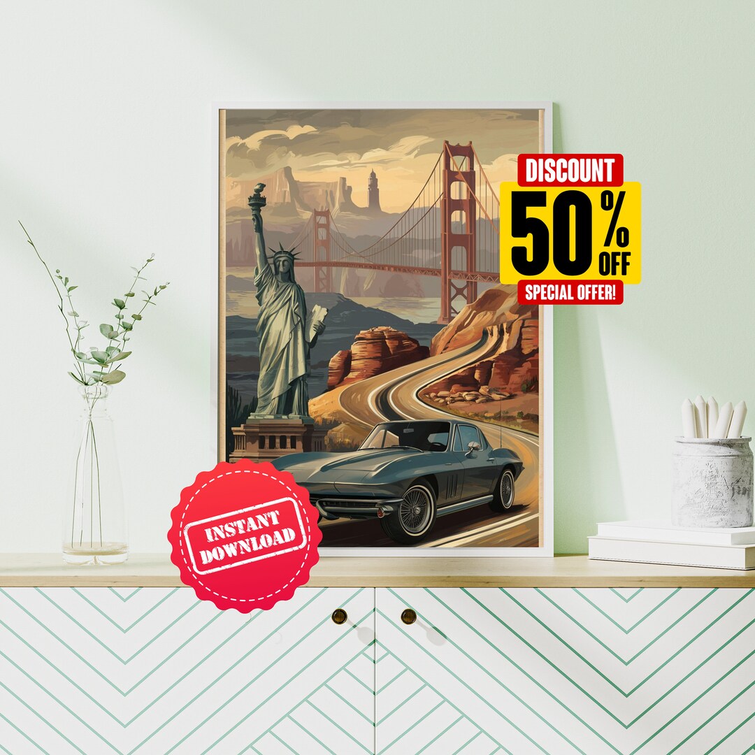 Vintage Style Travel Map Retro Wall Art US Landmarks Digital Prints for ...