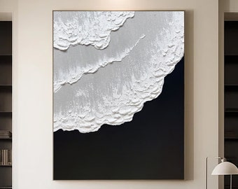 3D White Minimalist Beach Painting Textured Wall Art Ocean Wave Painting on Canvas Wabi-sabi ...